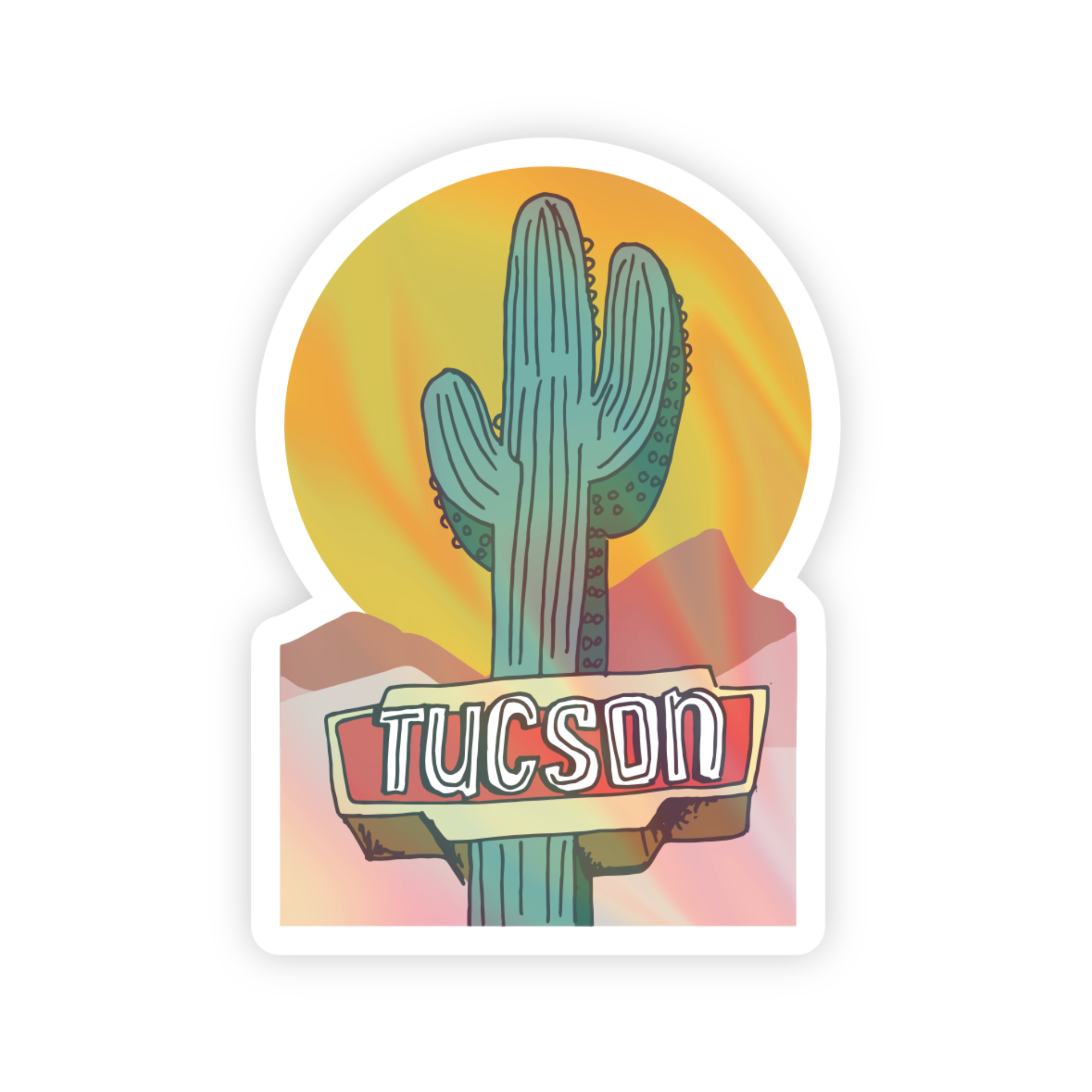 Tucson Saguaro Neon Sign Holographic Vinyl Sticker – Pink Moon